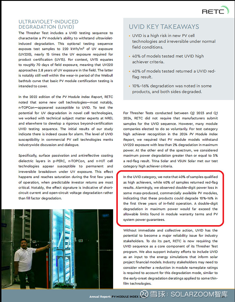 【头条】去年预警TOPCon组件UVID衰减的RETC最新报告又来了：部分量产组件前三年衰减10%-16%！ 近日，国际权威检测机构可再生能源试验中心（RETC）发布了《2024光伏组件指数 ...