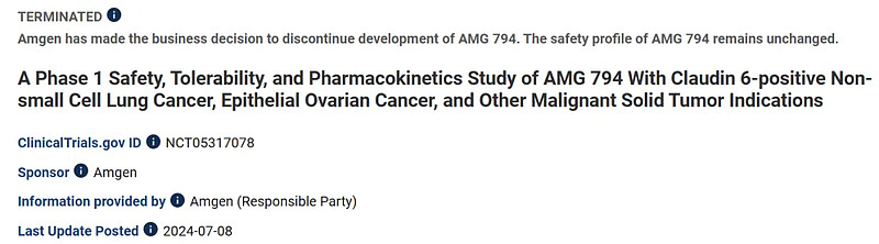 安进终止开发CLDN6/CD3双抗 7月8日，根据clinicaltrials.gov网站显示， 安进 已经终止（TERMINATED ...