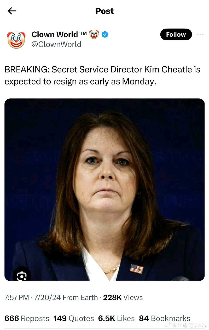 这条消息说：特勤局长Kim Cheatle最早下周一会辞职。 （以前的消息是：1: 她不愿辞职。2: 国会发传票了，要审... - 雪球