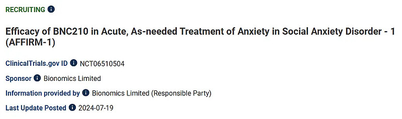 全球第2款社恐新药进入III期阶段 7月19日，clinicaltrials网站显示， Bionomics 启动了BNC210治疗社交恐惧症 ...