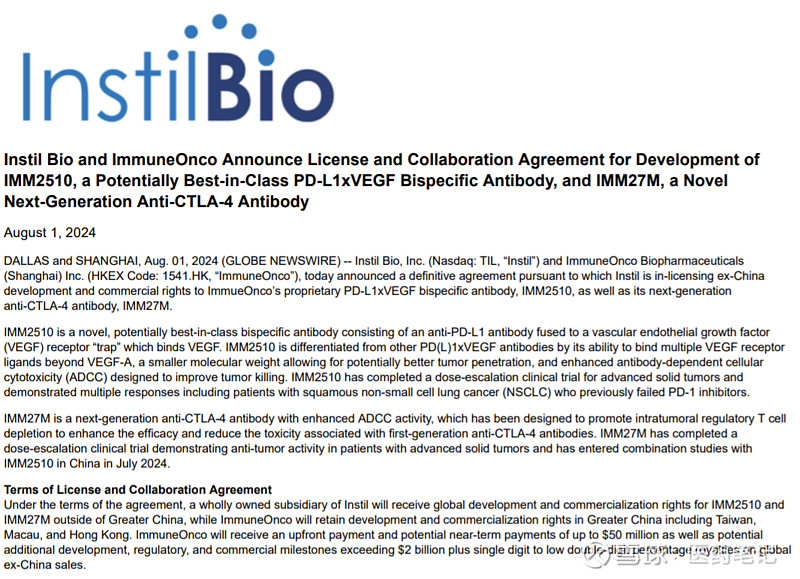 中国创新药拯救一家美国Biotech Eastwood 2024年8月1日，美国生物技术公司 Instil Bio 宣布从 宜明昂科 引进PD ...