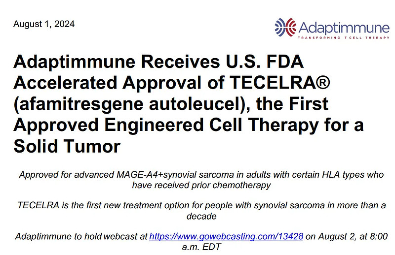 里程碑！全球首款TCR-T细胞疗法获批上市 8月1日， Adaptimmune Therapeutics 宣布其TCR-T疗法Tecelra ...