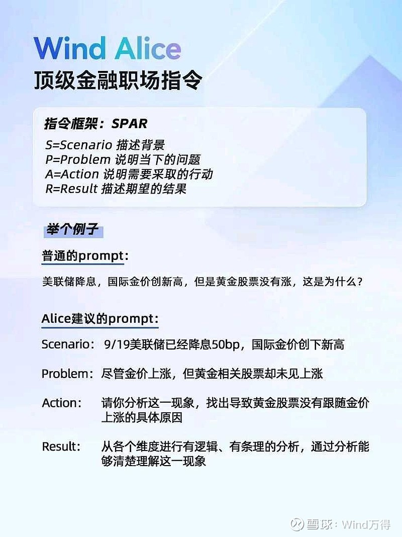 【这么问，Alice效果翻倍！！】Wind Alice 官方prompt分享第一期！写专业详实的报告、新闻稿件、答疑解惑... - 雪球