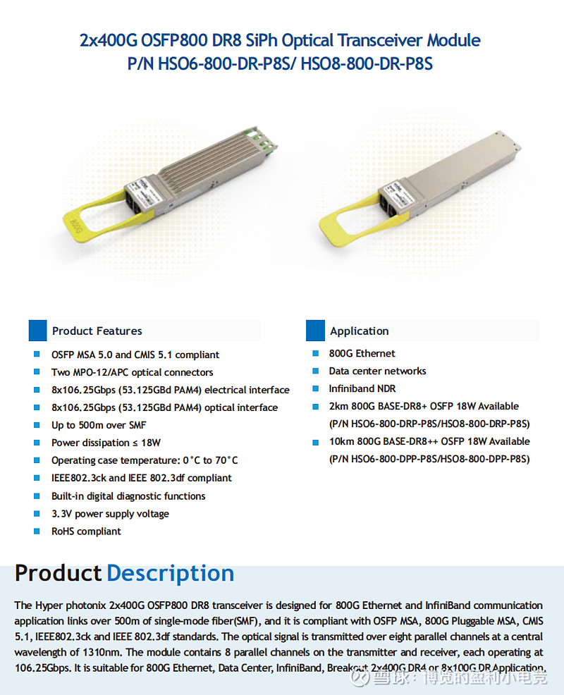 Hyper Photonix HSO6-800-DR-P8S：数据中心网络的高性能选择 #高速光模块、# #光模块# 随着数据中心对带宽需求的 ...