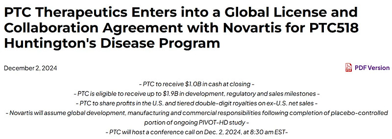 29亿美元！诺华拿下亨廷顿病小分子 2024年12月2日， PTC Therapeutics 宣布与诺华达成合作。后者将以10 亿美元的预付款 ...