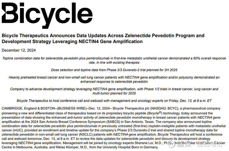 PDC再遇挫：Bicycle大跌31%，Nectin-4 PDC疗效不及预期 Armstrong 2024年12月12日，Bicycle ...