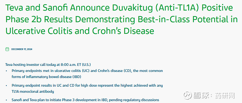 Teva大涨26%！TL1A抗体Duvakitug治疗UC和CD展现BIC潜力 12月17日，Teva Pharmaceuticals 和 ...
