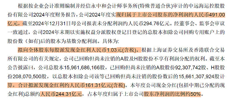 中远海控24年年报——分红跟踪 $中远海控(SH601919)$ $中远海控(01919)$ $东方海外国际(00316)$ 一、金额24年归母净利润4... - 雪球