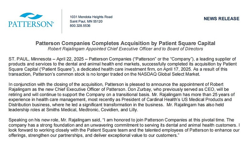 Patient Square Capital完成对帕特森收购,交易总价约299亿人民币 *图源：Patterson Companies美国牙科 ...