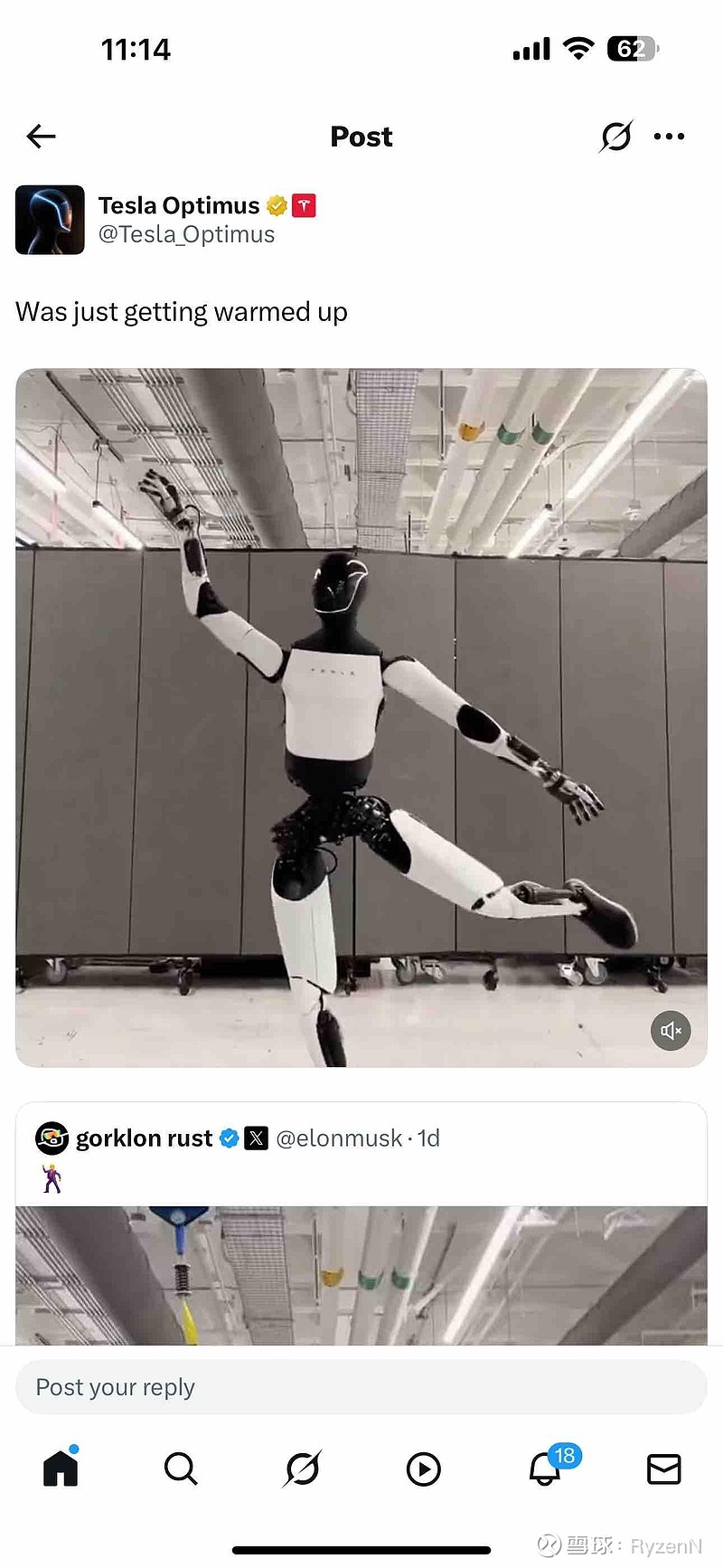 Tesla Optimus在X上发布了一段秀肌肉的跳舞集锦，姿态控制看着进步太快了。Sim2Real RL的训练方法还再... - 雪球