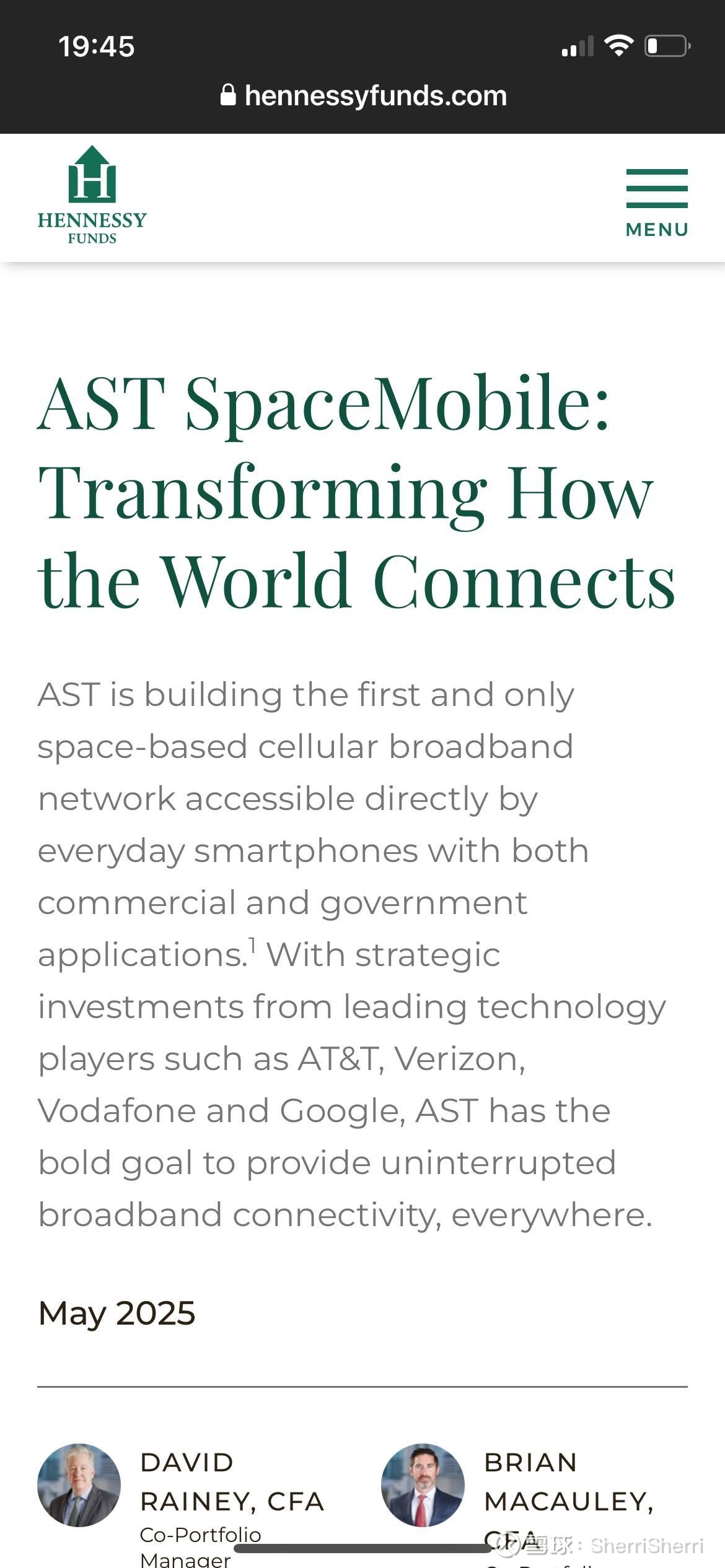 转：Hennesy Funds近期写的关于投资$AST SpaceMobile(ASTS)$ 的新文章：网页链接摘取其中... - 雪球
