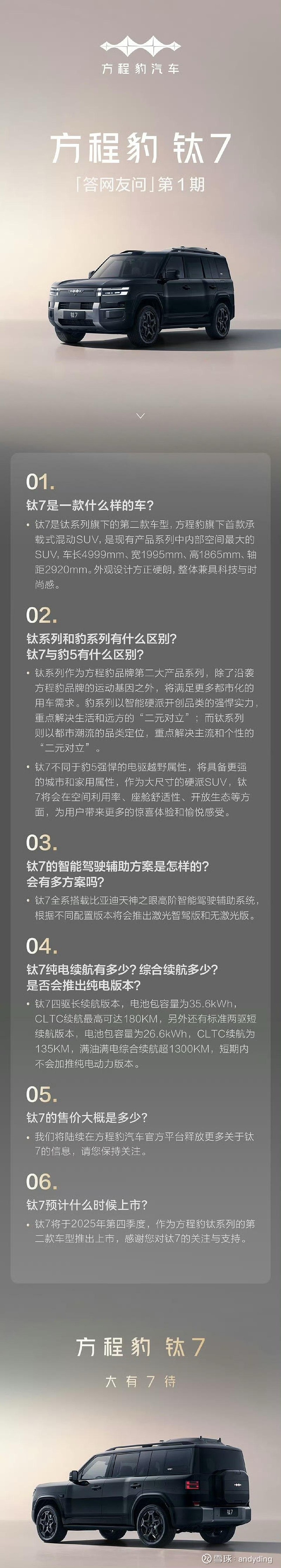 $比亚迪(SZ002594)$ 钛7是一款值得期待的车，肯定比方程豹5/8销量还成功，战胜捷途旅行者和哈弗猛龙应该不在话... - 雪球