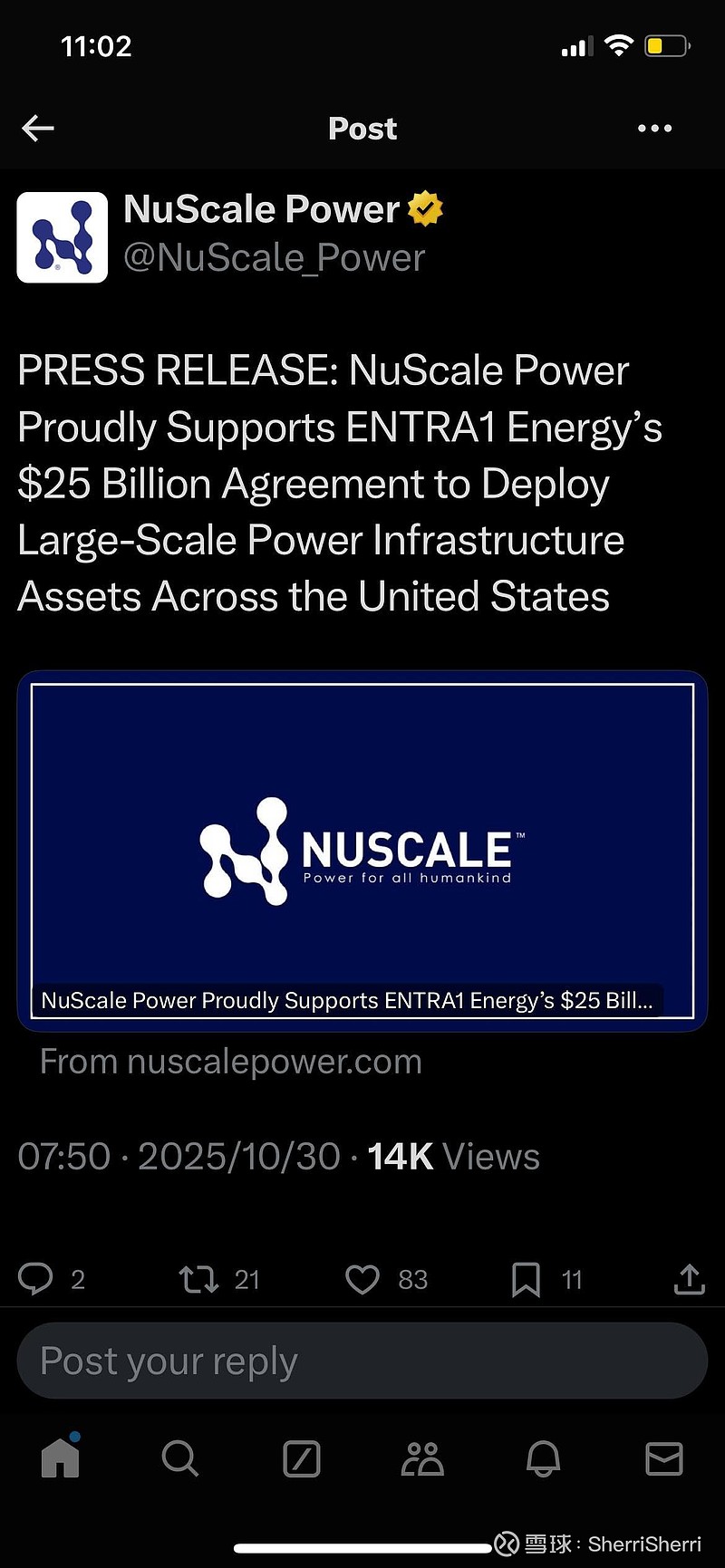 恭喜$NuScale Power(SMR)$ ！ NuScale Power 自豪支持 ENTRA1 Energy 在美... - 雪球