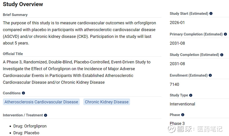 礼来：小分子GLP-1启动MACE大型三期临床 Armstrong 2025年11月21日， 礼来 在Clinicaltrials.gov网站 ...
