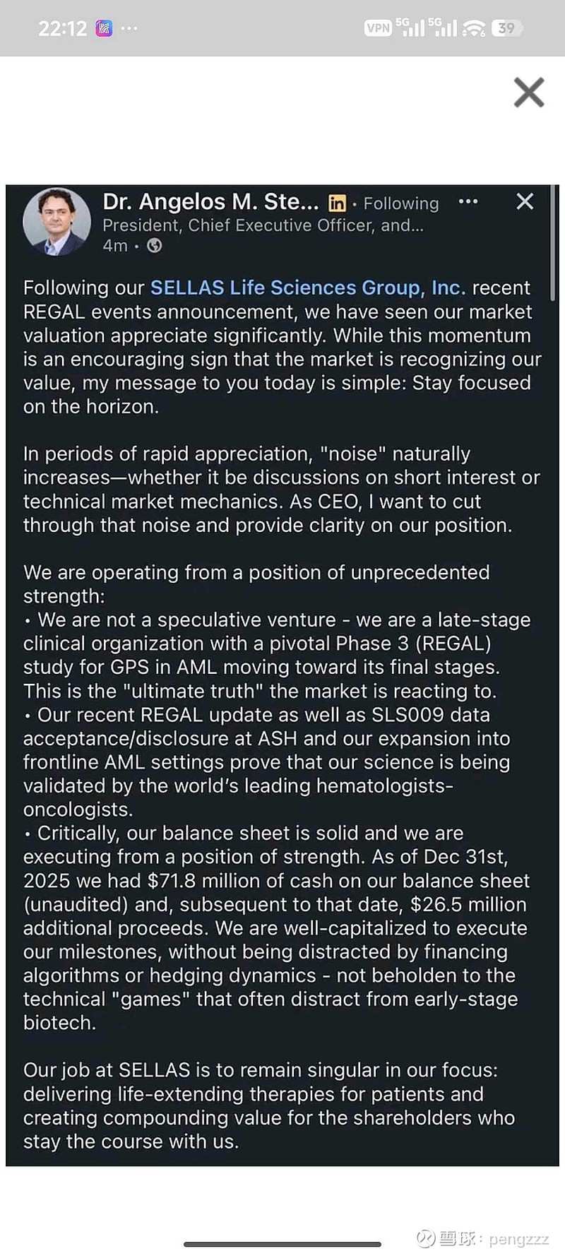 $SELLAS Life Sciences(SLS)$good CEO - 雪球