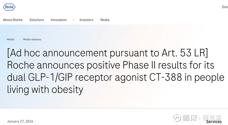 48周减重22.5%！罗氏公布GLP-1R/GIPR激动剂CT-388的II期研究结果 1月27日，罗氏公布CT-388（RO7795068 ...