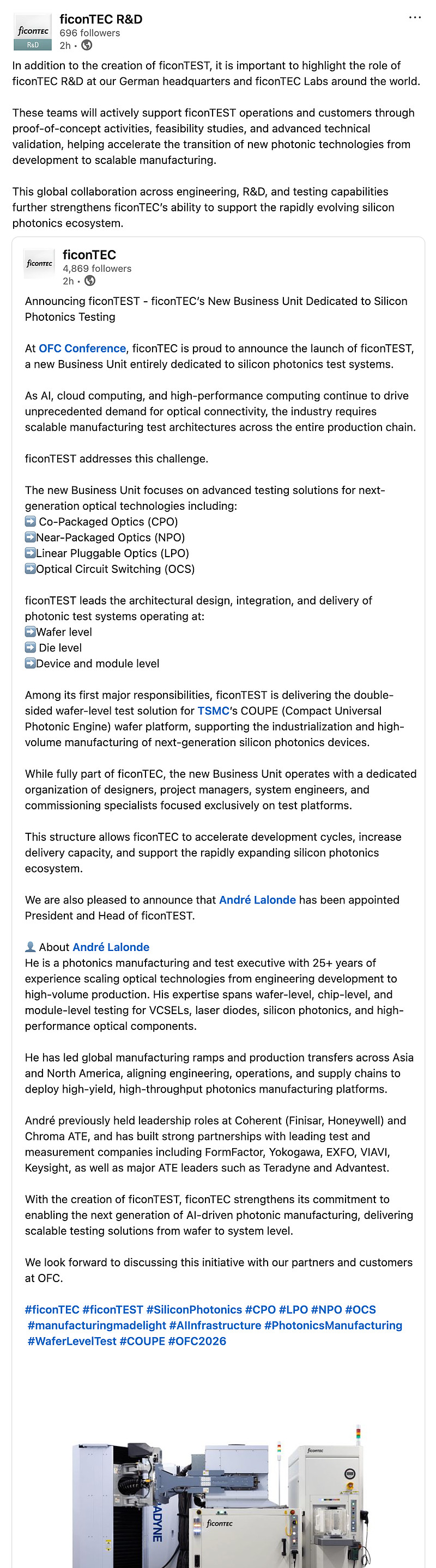 **正式宣布 ficonTEST —— ficonTEC 专注于硅光子测试的全新业务部门**在 OFC 光纤通信大会上，... - 雪球